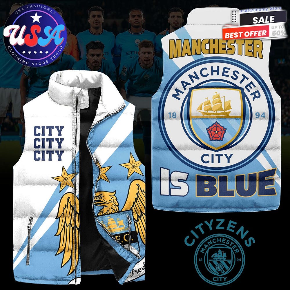 Manchester City Citizens Is Blue Sleeveless Puffer Jacket | by USA ...