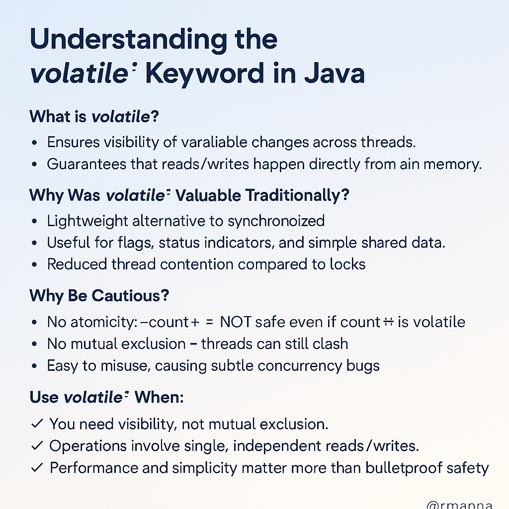 Volatile Keyword in Java. In the fast-paced world of software… | by Rahul Manna | Apr, 2025 | Medium