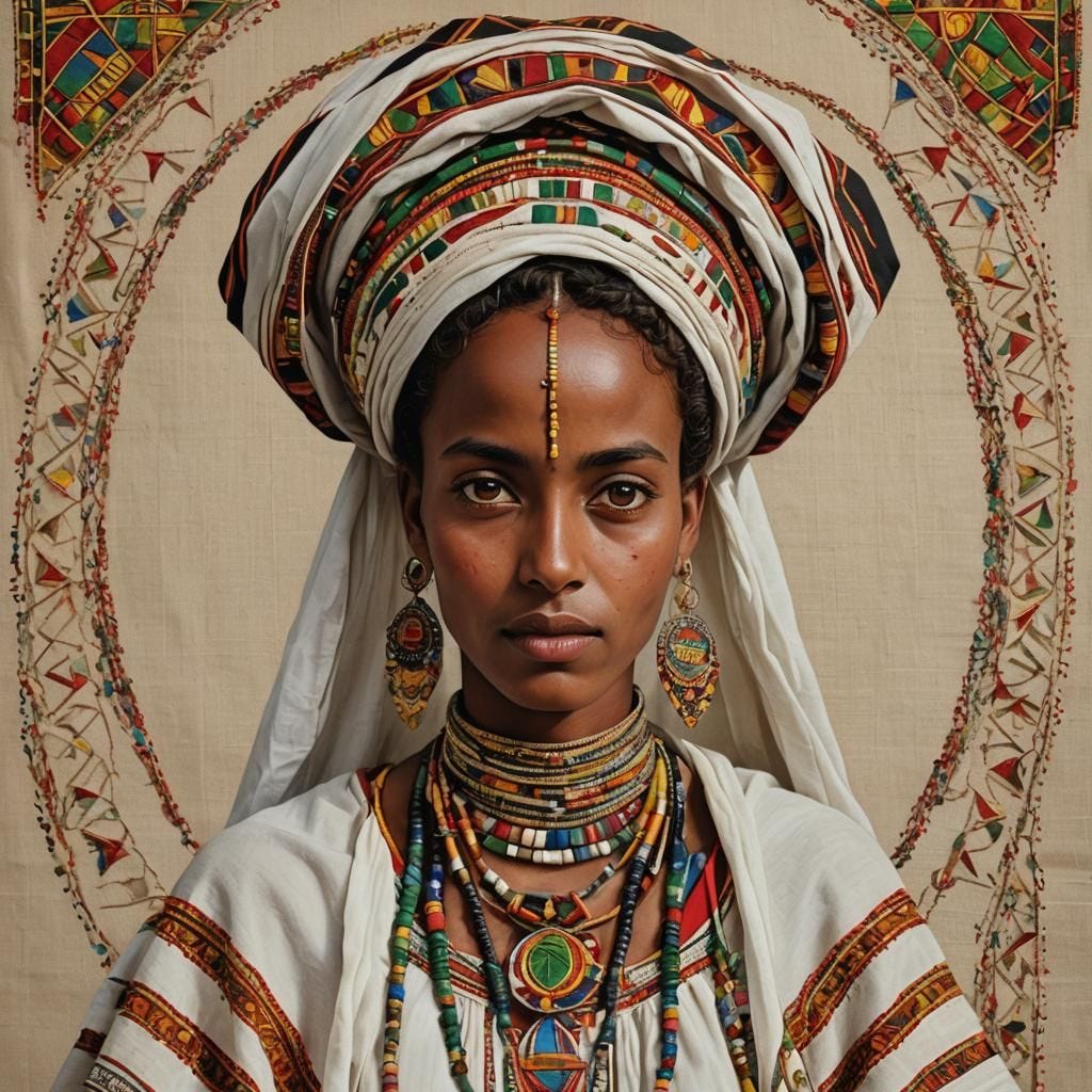 Ethiopian woman in traditional habesha kemis with detailed embroidery ...