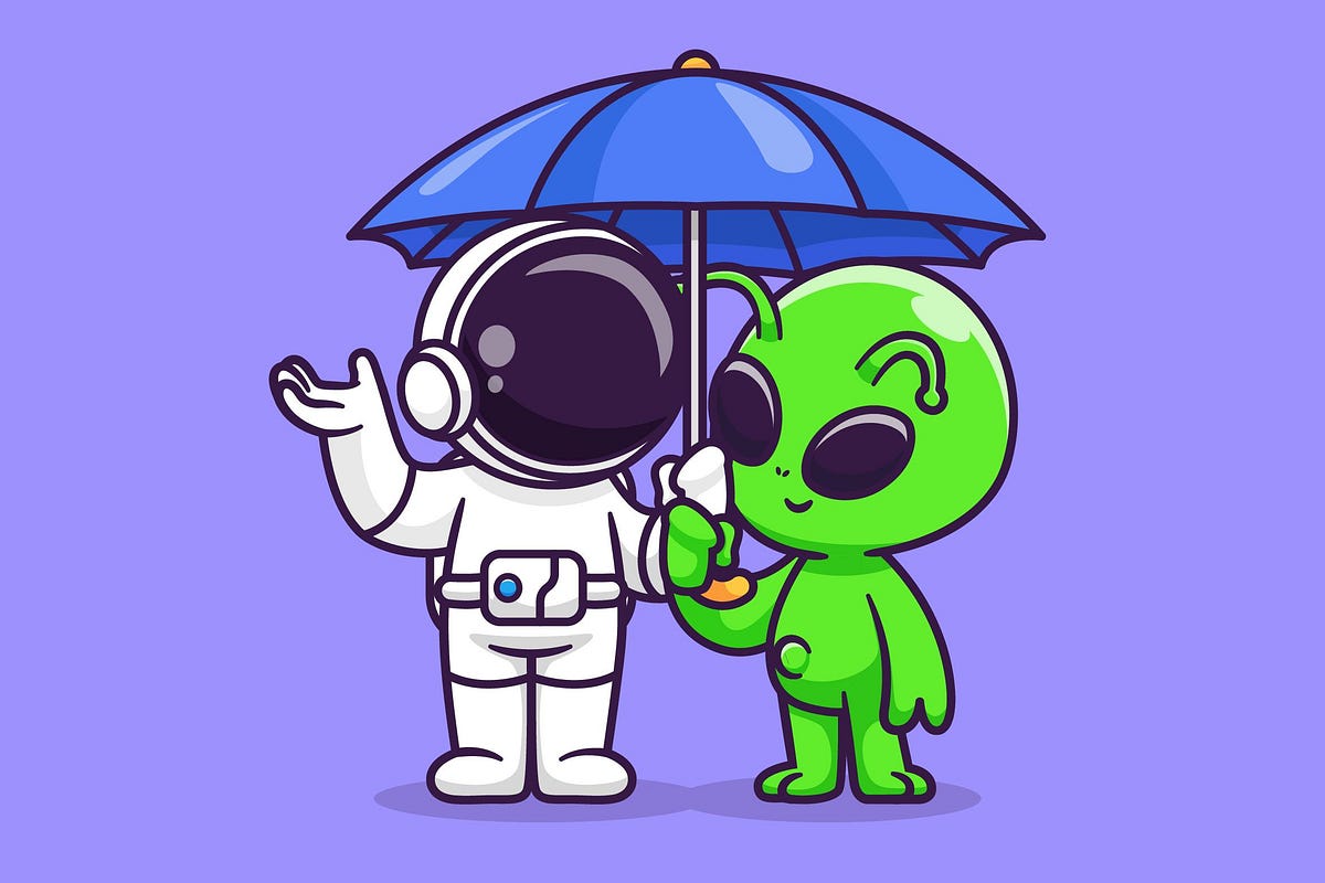 Cute Astronaut And Alien Standing Under Umbrella Illustrations Graphics ...