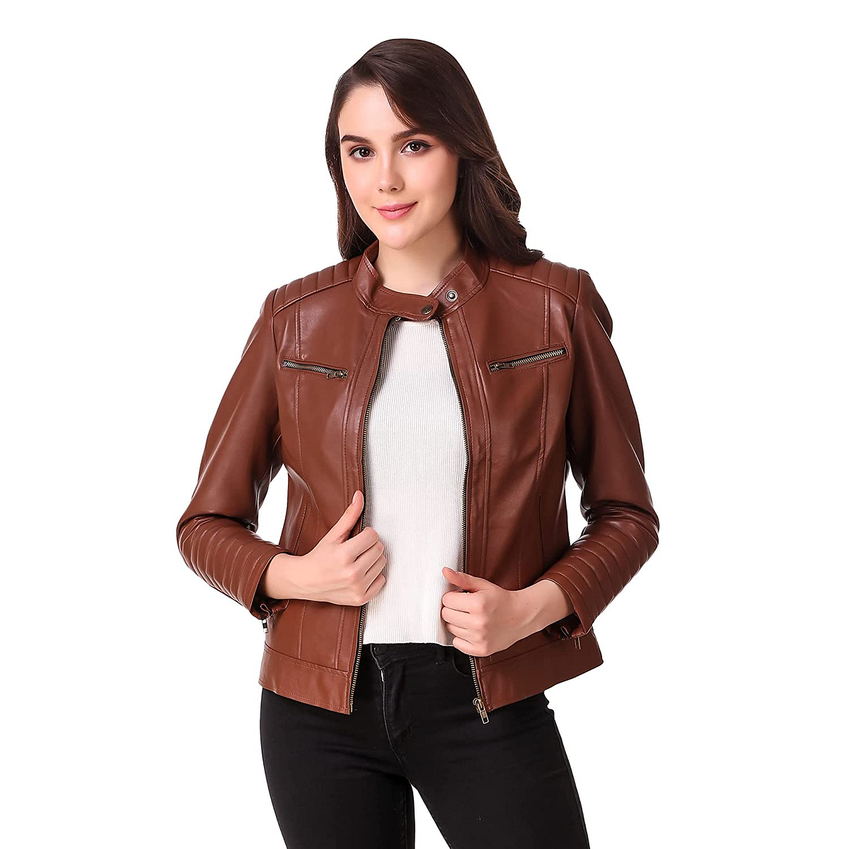 Title: Timeless Elegance: The Woman Brown Color Faux Leather Jacket ...