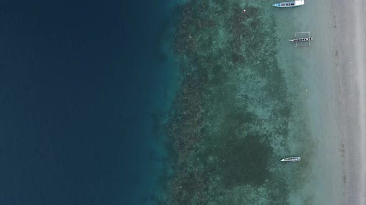 Drone footage showing the peaceful coastline and clear waters of Timor ...