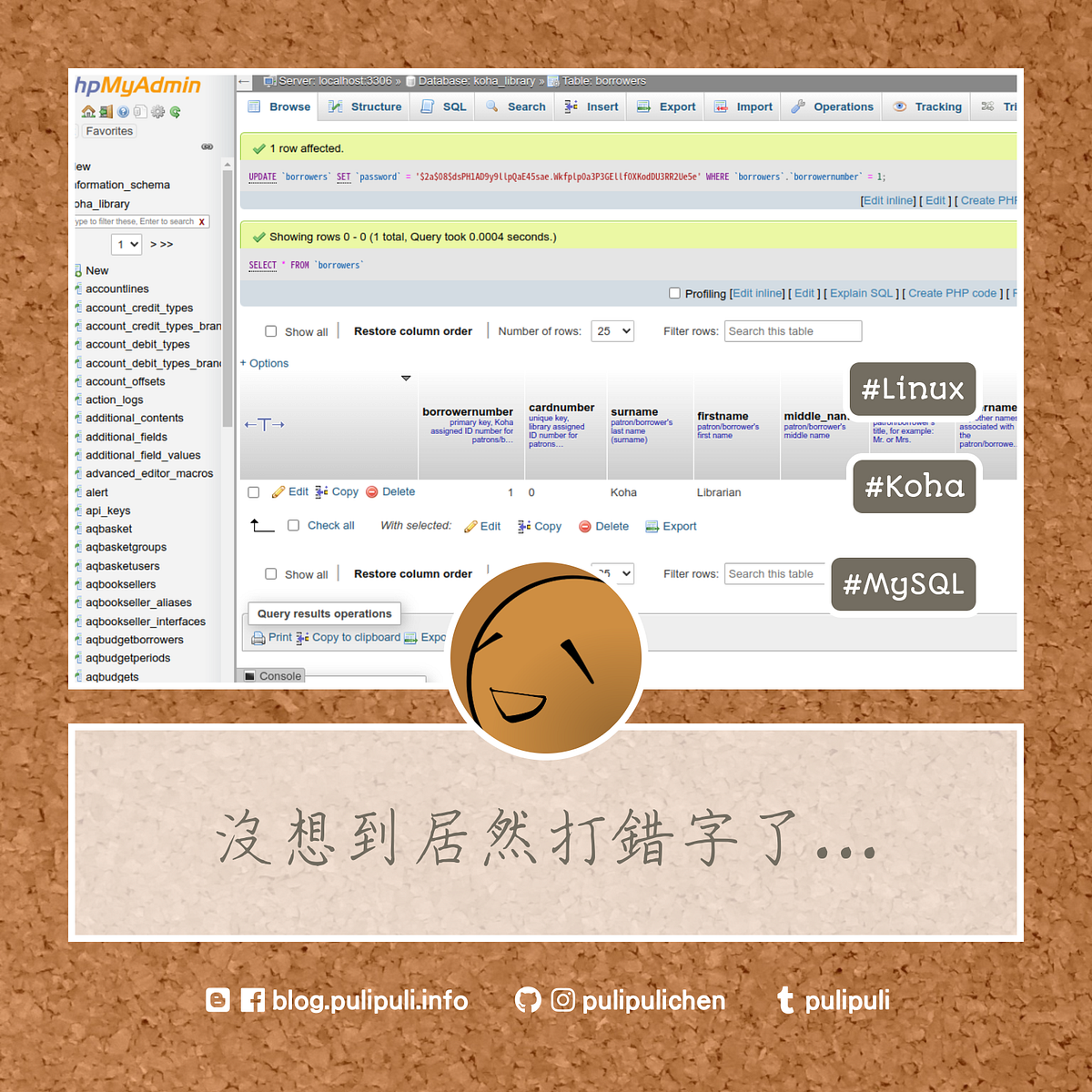 在MySQL裡重置Koha使用者的密碼 / Reset Koha User Password in MySQL | by Pulipuli (布丁布丁吃布丁) | Medium