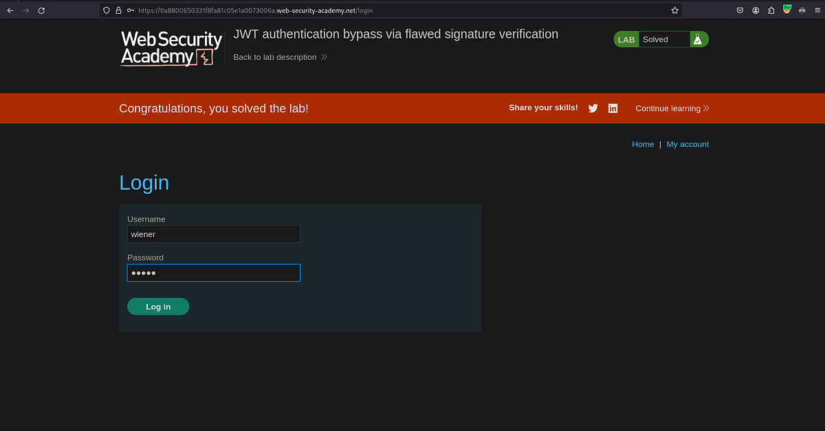 Lab Jwt Authentication Bypass Via Flawed Signature Verification Jwt 4761