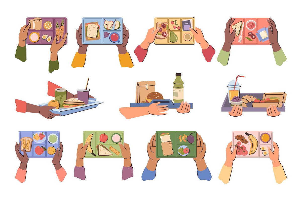 Hands holding trays with lunch food - Cymcnyrm - Medium