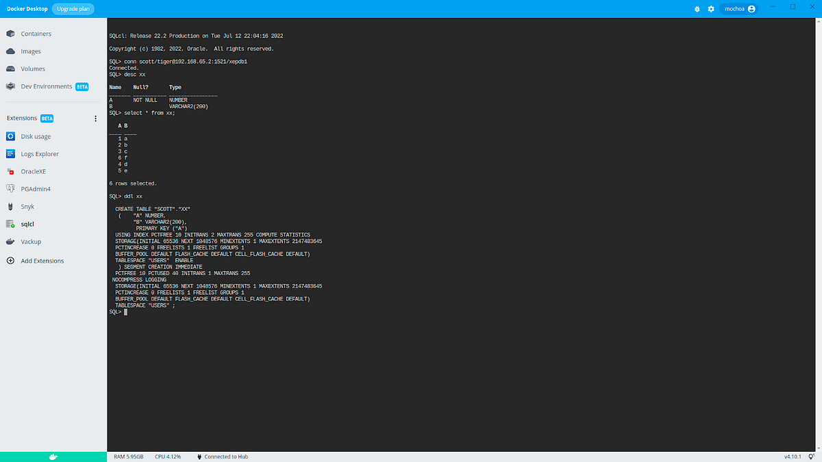 SQLcl Docker Desktop Extension. Following my explanation about the… | by Marcelo Ochoa | ITNEXT