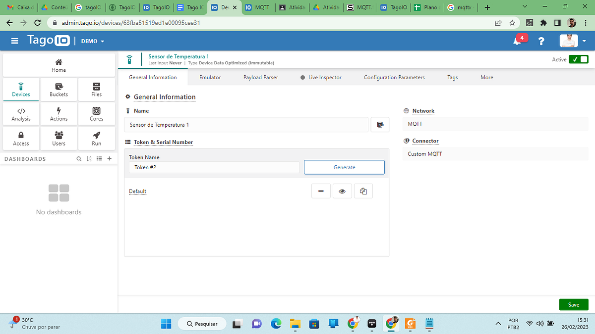 Adicionando dispositivos à plataforma TagoIO e simulando o envio de ...