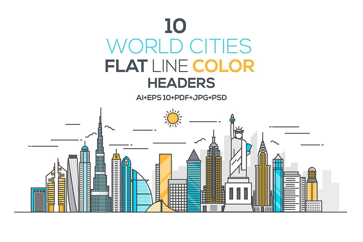 Set of Flat Line Color Banners of World Cities (Graphics / Backgrounds ...