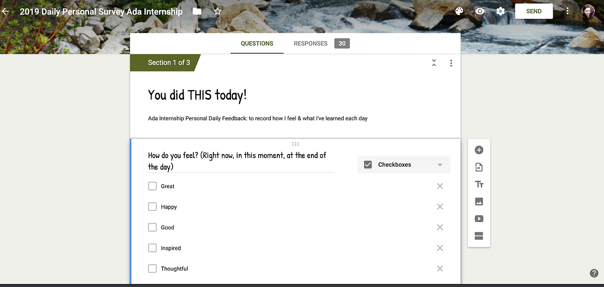 Google Forms for Self-Evaluation. TLDR; use checkboxes, scales, grids ...