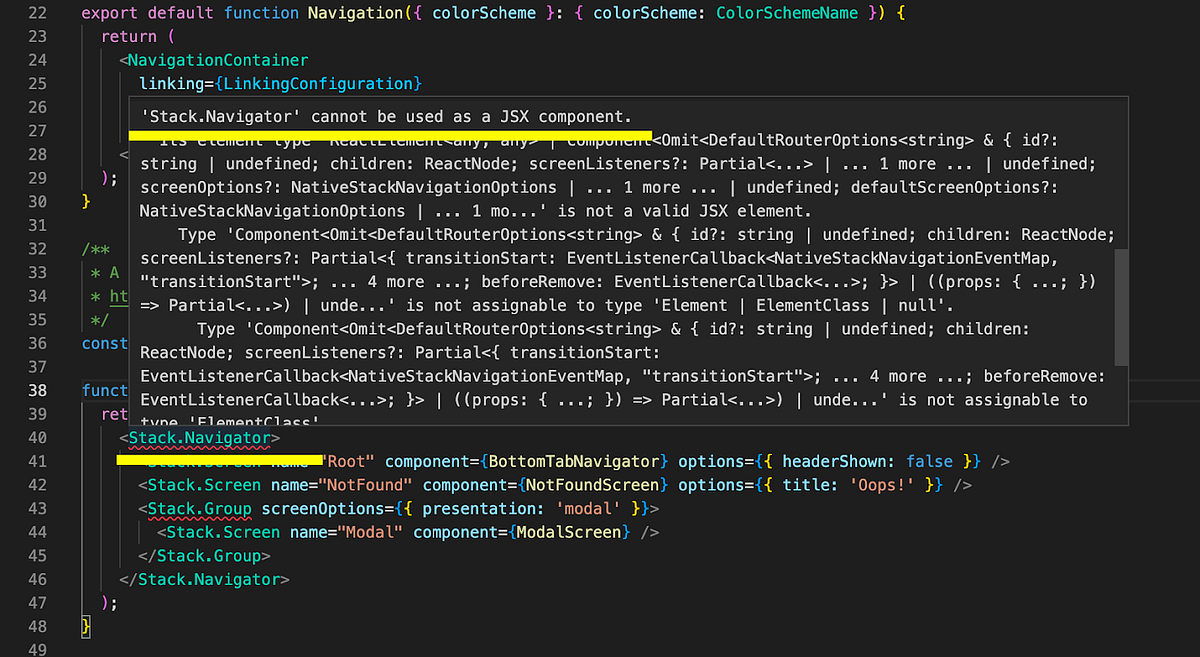 ‘Stack.Navigator’ cannot be used as a JSX component — Typescript errors with Expo Application ...