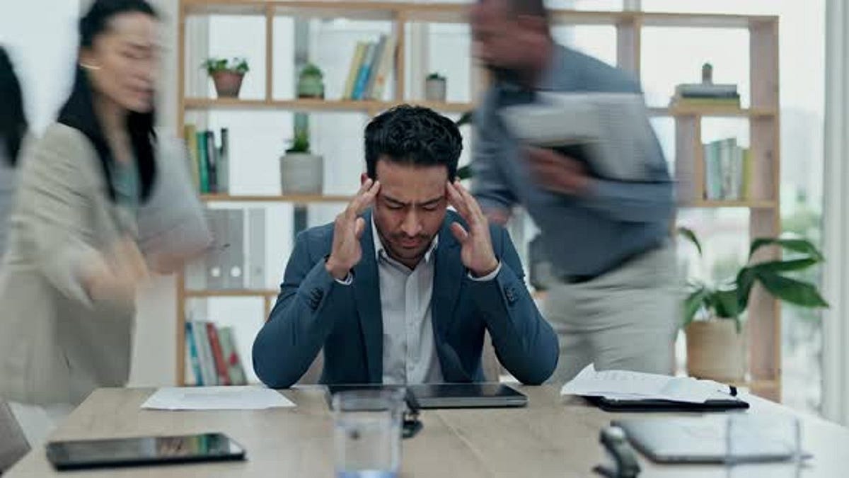 Businessman, headache and stress in depression, anxiety and time lapse ...