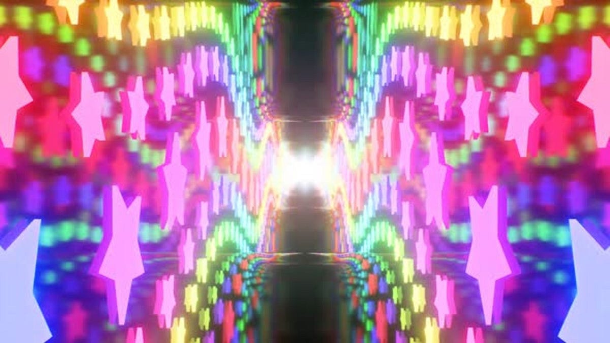 Colorful Glowing Star Shapes Illuminating Wavy Reflective Mirror Path ...