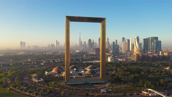 Aerial view of Dubai frame landmark during the sunset, Dubai, U.A.E ...