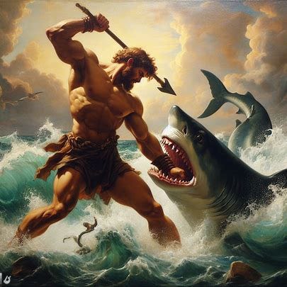 an oil painting of Hercules fighting a shark - Win or Learn Never Lose ...