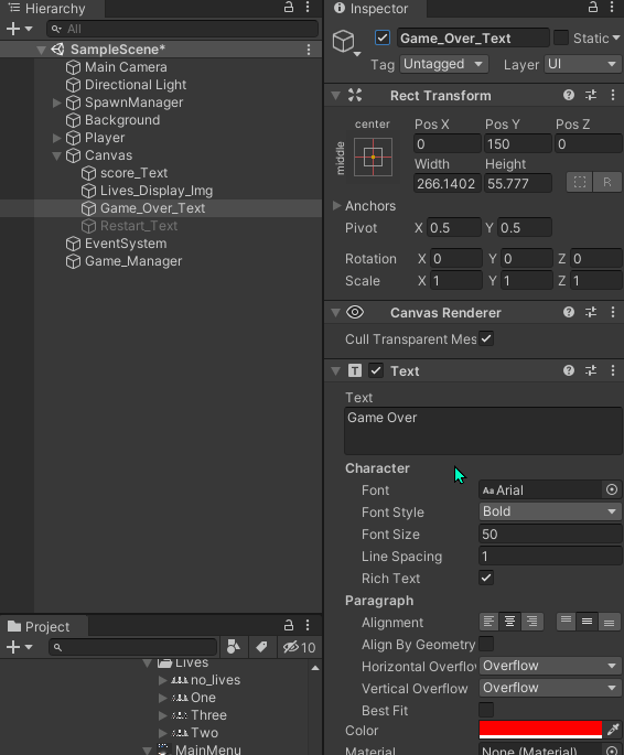 More Unity UI: Game Over Text. When the player is destroyed there… | by ...