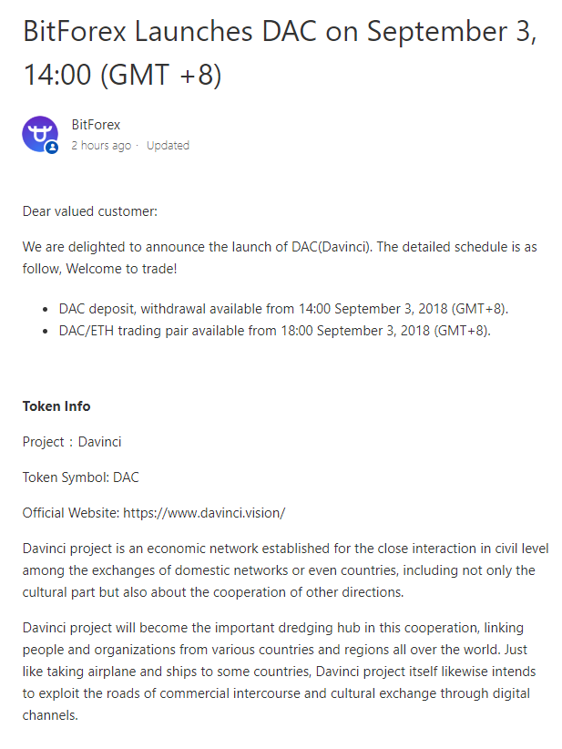 Davinci Coin(DAC) is going to be listed on BitForex. | by BlockAlpha ...