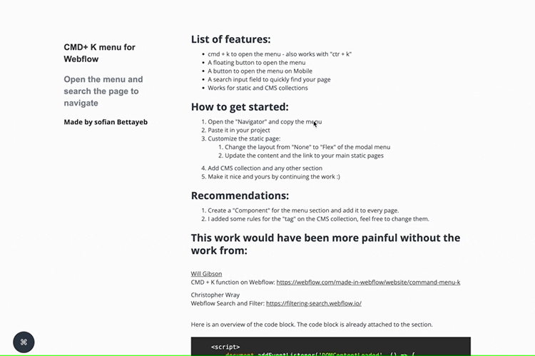 CMD+ K menu for Webflow (⌘ + K). How many times do you find yourself ⌘ ...