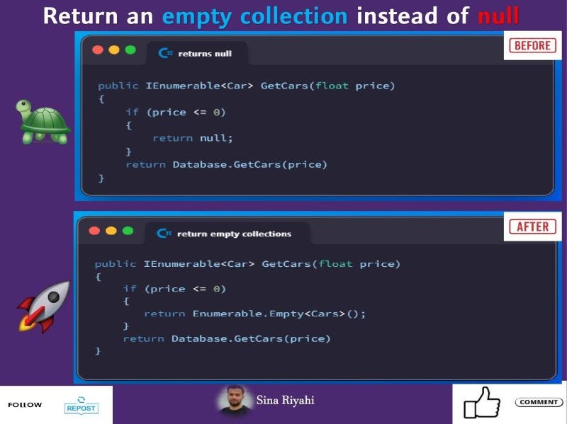 𝗥𝗲𝘁𝘂𝗿𝗻 𝗮𝗻 𝗲𝗺𝗽𝘁𝘆 𝗰𝗼𝗹𝗹𝗲𝗰𝘁𝗶𝗼𝗻 𝗶𝗻𝘀𝘁𝗲𝗮𝗱 𝗼𝗳 𝗻𝘂𝗹𝗹 | by Sina Riyahi | Jun, 2024 | Medium