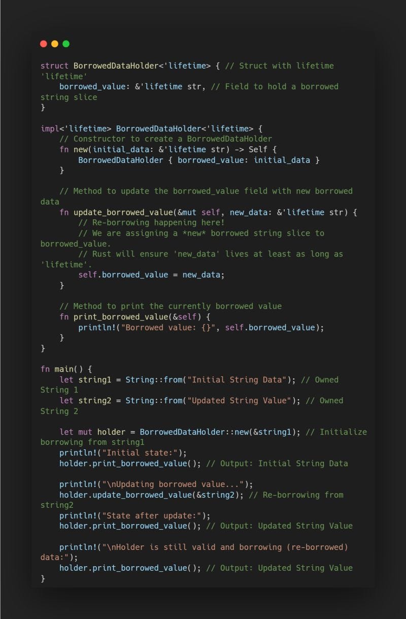 What happens when you holds a borrowed field, you initialize it, and then, using a struct method ...