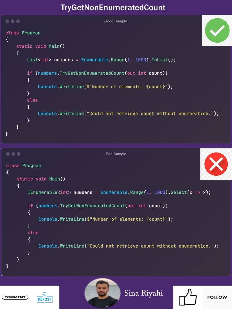 TryGetNonEnumeratedCount. 💡 The TryGetNonEnumeratedCount method… | by Sina Riyahi | Medium