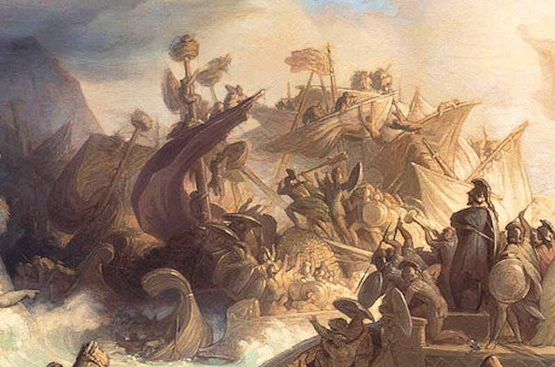 The Battle of Salamis, 480 BC. The Greeks defeated the Persians at sea ...