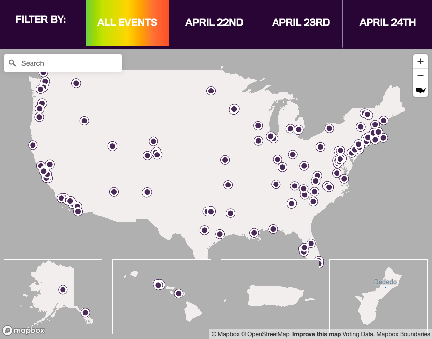 Earth Day Live’s map of local livestreams | by Mapbox | maps for developers