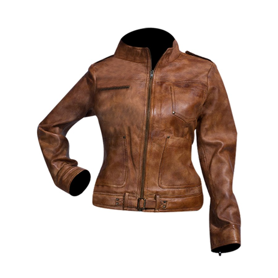 Title: Embrace Edgy Elegance with the Women’s Distressed Brown Biker ...