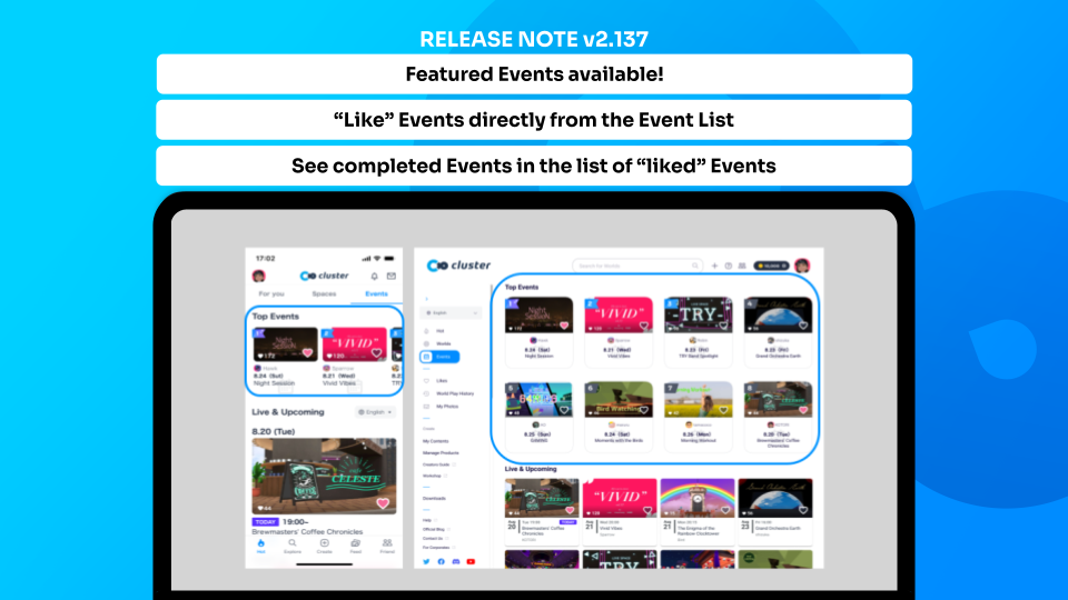 Release Note [Cluster v2.134]. Featured Events available | “Like”… | by Cluster Official | Aug ...