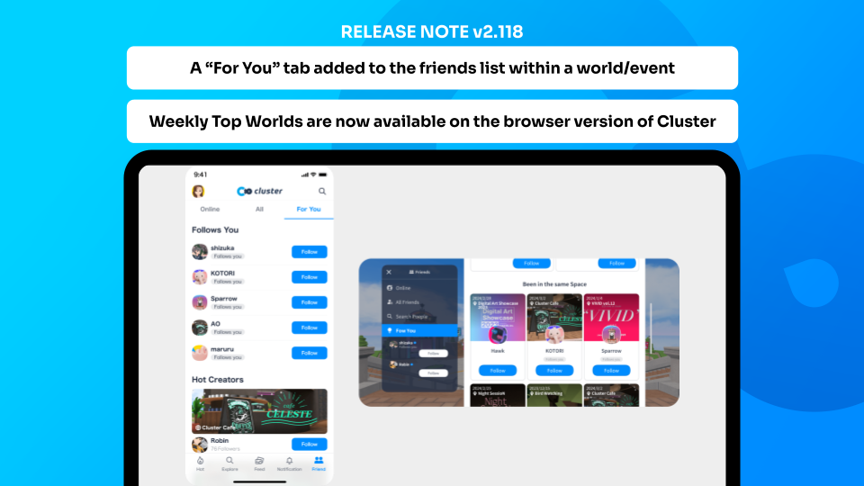 Release Note [Cluster v2.118]. A “For You” tab added to the friends… | by Cluster Official | Apr ...