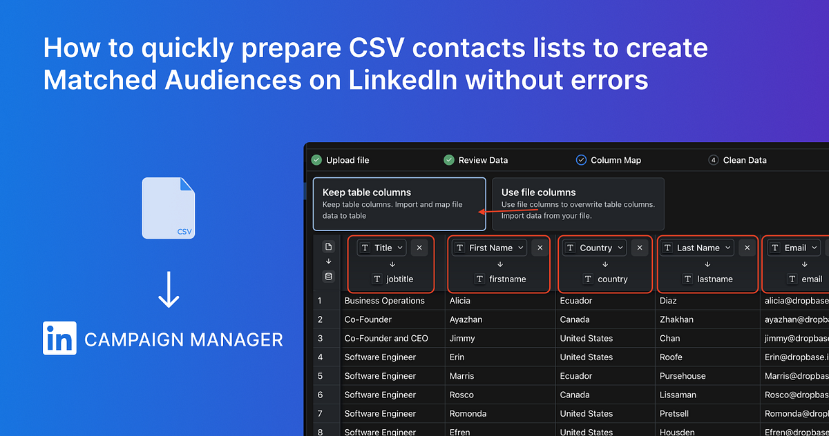 How to quickly prepare and import CSV contacts lists to create a matched audience in LinkedIn ...