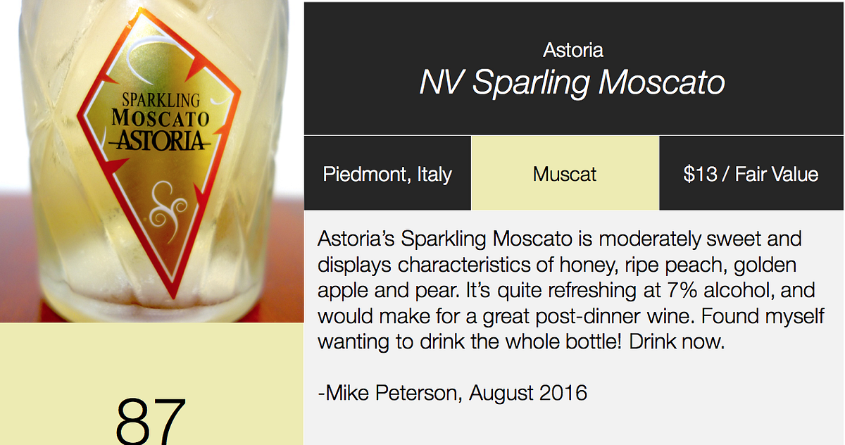 Astoria NV Sparkling Moscato: 87 Pts | by Mike Peterson | Vintopia