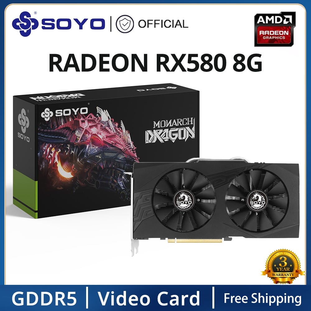 Hot Review! SOYO Full New AMD Radeon RX580 8G Graphics Card GDDR5 Memory Video Card PCIE3.0x16 ...