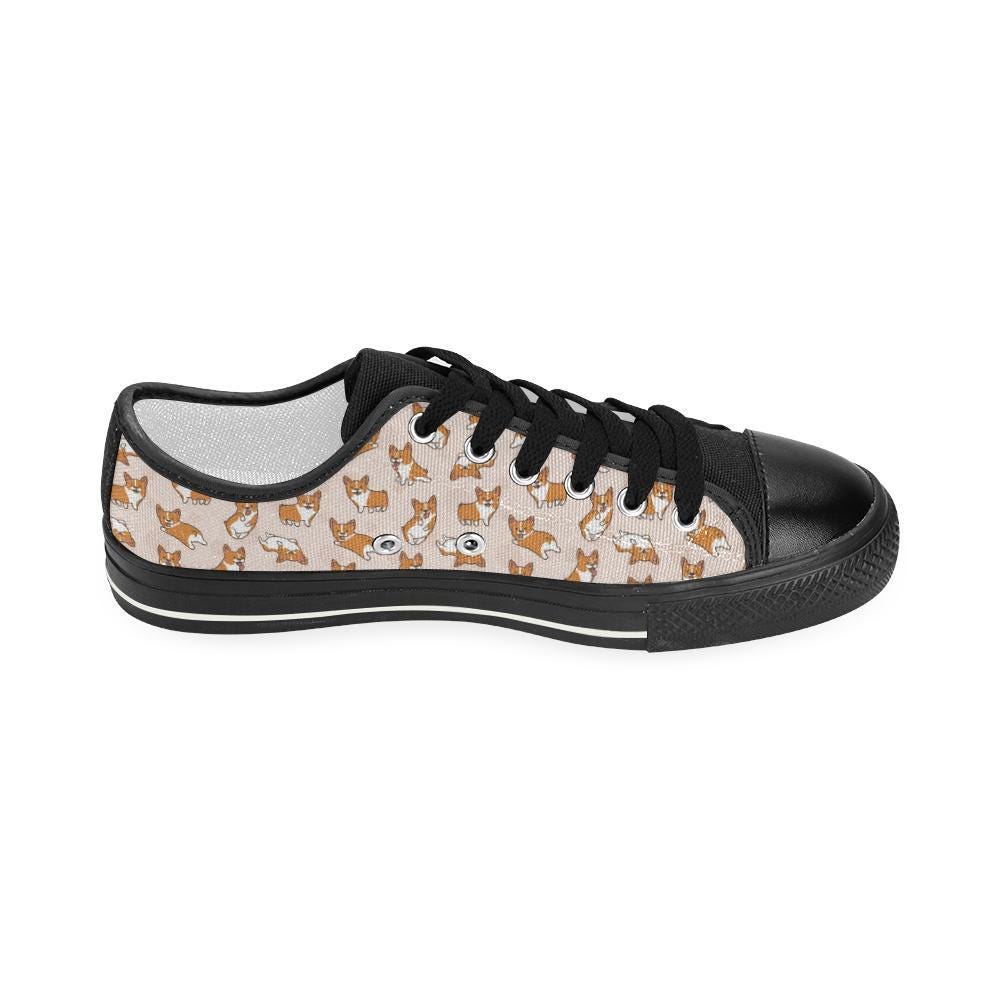 Cute Corgis Pattern Pink Background Kid’S Low Top Canvas Shoes Black ...