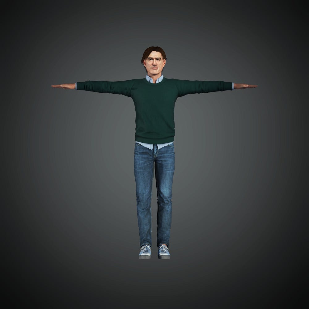 3D model of a male character wearing a white dress shirt, dress pants ...