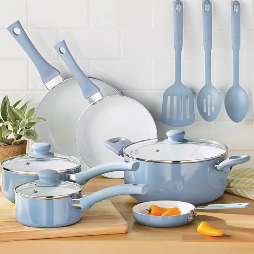 12pc Ceramic Cookware Set, Blue Linen Pots and Pans Set Kitchen ...