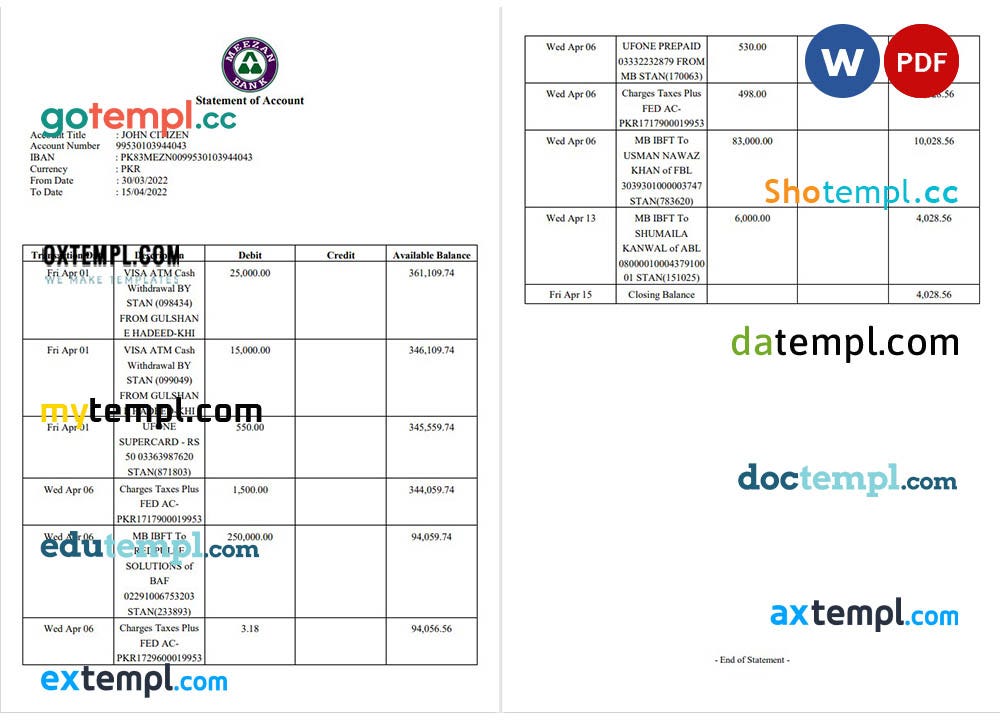 PAKISTAN MEEZAN bank statement Word and PDF template - Doctempl - Medium
