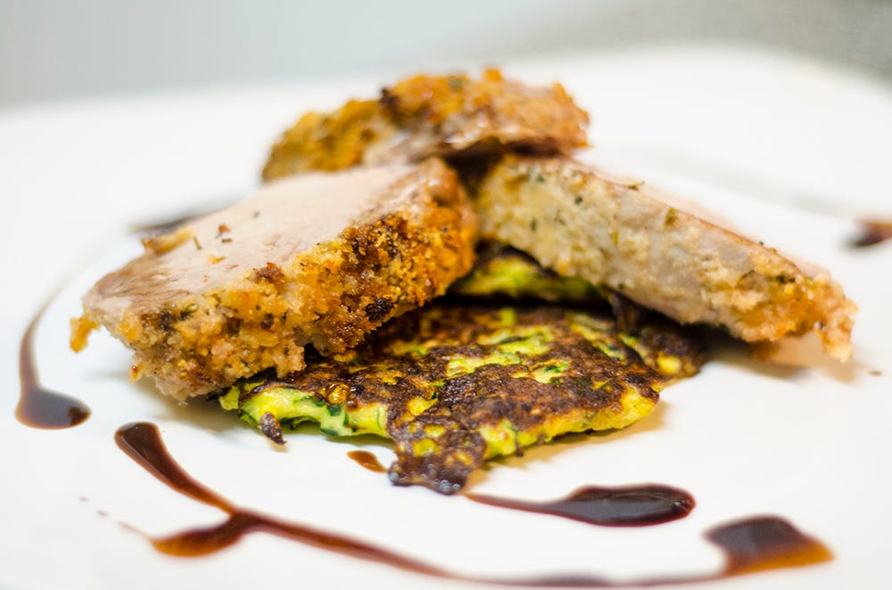 Herb-crusted pork loin . with zucchini latkes — low carb and low… | by ...