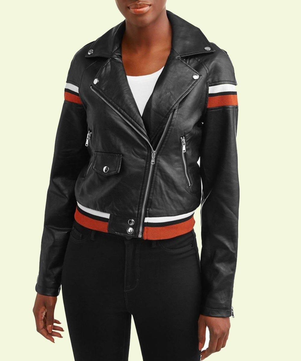 Womens Striped Black Leather Jacket - Jhonbring - Medium