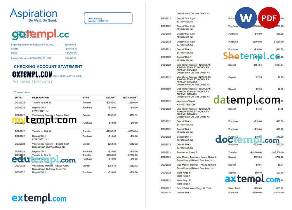 sample Egypt Aspiration bank statement, Word and PDF template, 4 pages ...