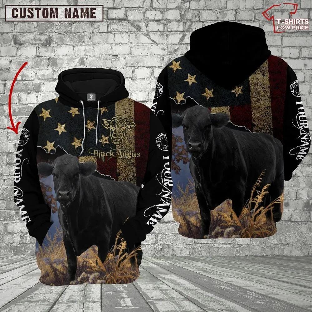 Personalized Name Black Angus Cattle Us Flag All Over Printed 3D Hoodie ...