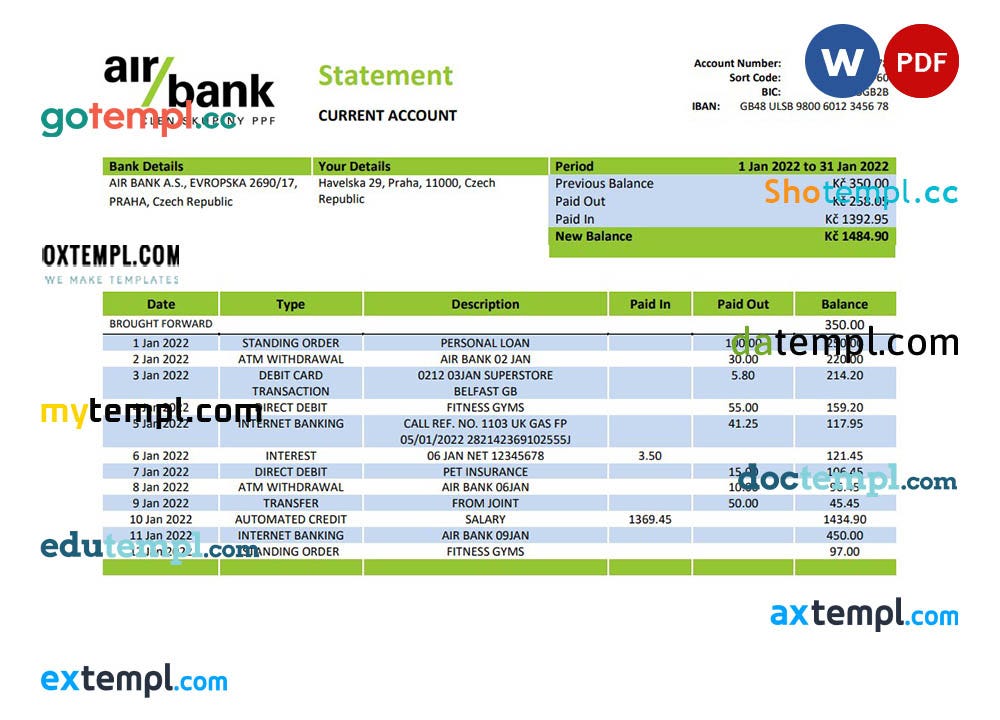 sample Czechia Air bank statement template in Word and PDF format ...