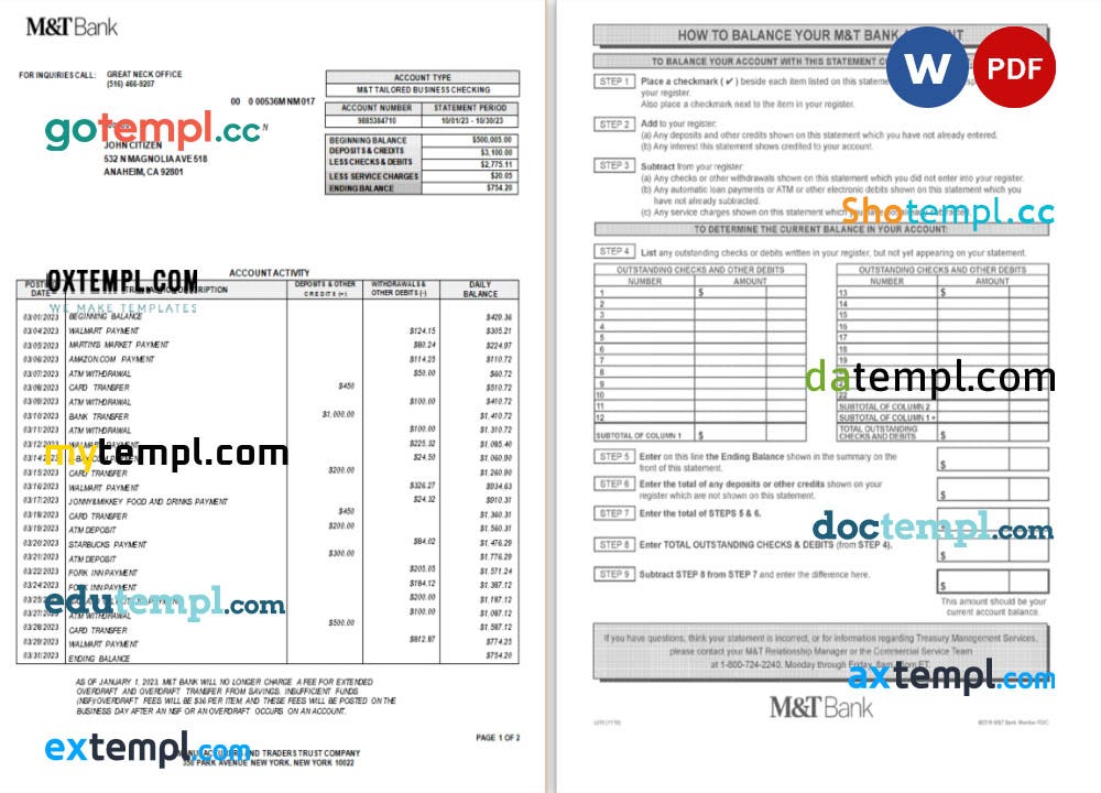 USA New York M&T Bank statement Word and PDF template, 2 pages | by Katempl | Medium