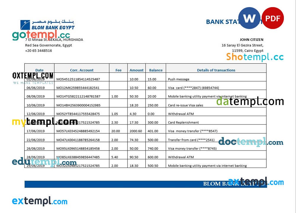 sample Egypt Blom Bank of Egypt proof of address statement template in ...