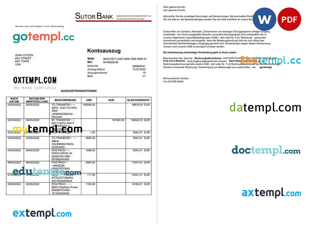 Germany Sutor bank statement, Word and PDF template, 2 pages | by ...
