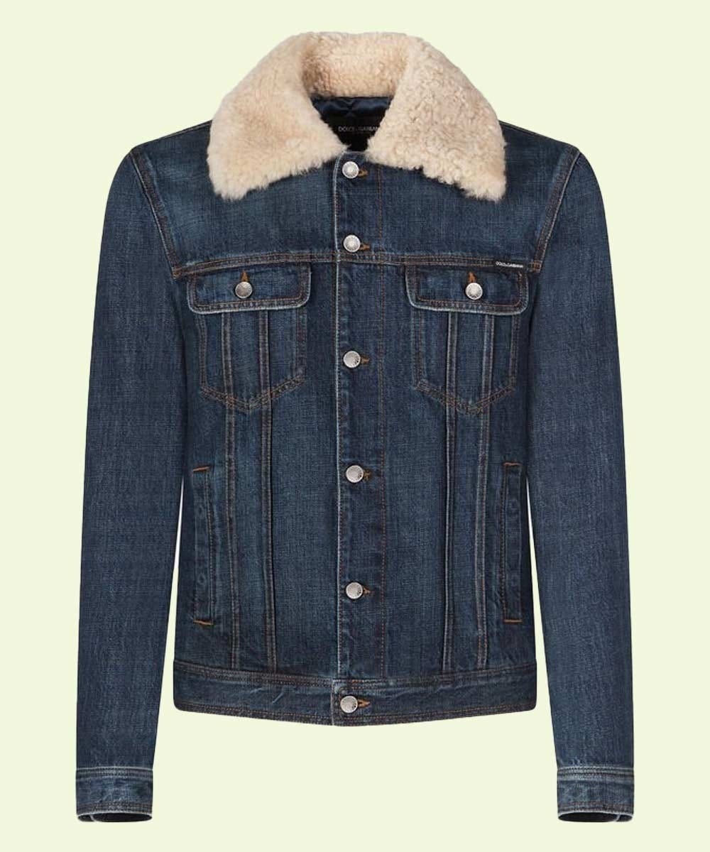 Mens Denim Jacket with Shearling Collar - Jhonbring - Medium