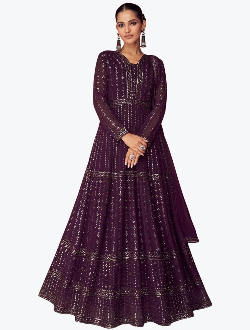 Wine Faux Georgette Anarkali Suit With Sequins Work - Fabanza Fashion ...