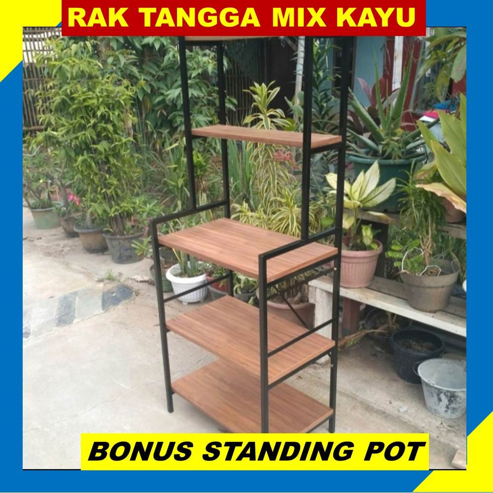 Rak Bunga Besi Holo Minimalis Bertingkat Standing Pot Hollow Mix Kayu ...