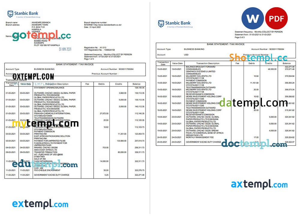 Uganda Stanbic bank statement template in Word and PDF format (3 pages ...