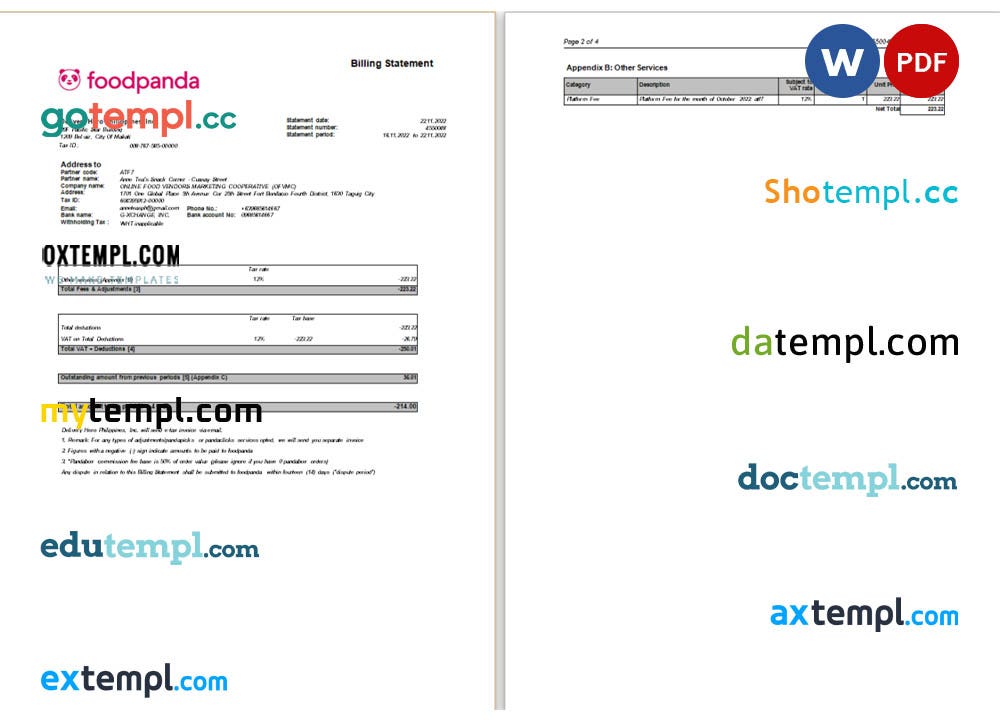 USA New York Foodpanda billing statement Word and PDF template, 4 pages ...