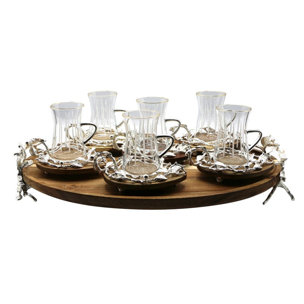 BEAUTIFUL EMBELLISHED TEA SET WITH OVAL ACACIA SAUCER AND WOOD TRAY ...